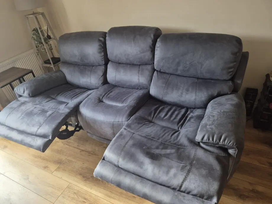 DFS grey/blue 3 seater recliner sofa – Sofalistic | The Sofa ...