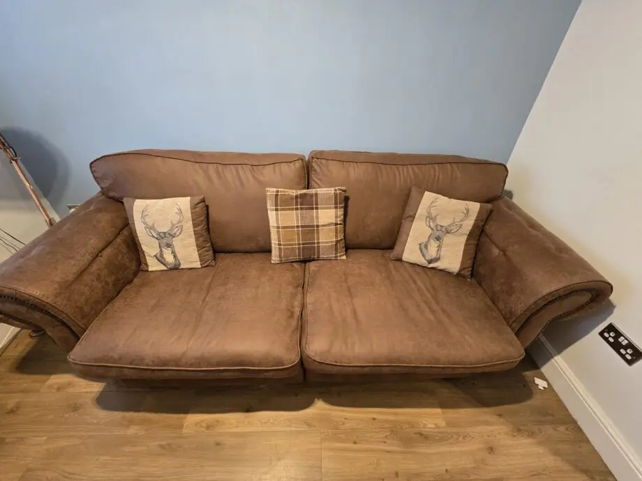 SCS brown suide 3 seater and scatter back snuggle chair – Sofalistic | The Sofa Marketplace, buy ...