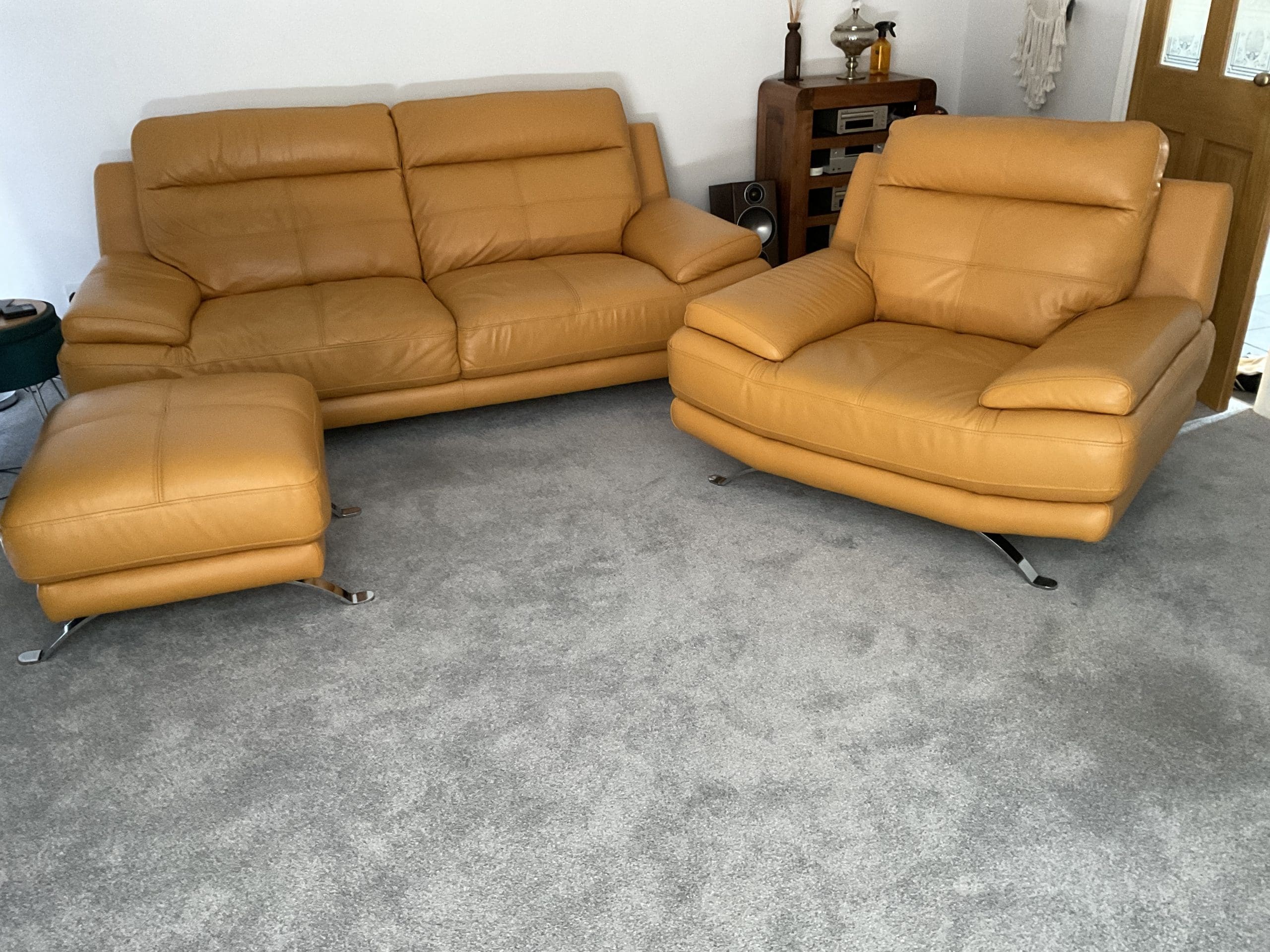 Harveys Islington Mustard Leather 3 seater Sofa Armchair footstool Sofalistic The Sofa Marketplace buy and sell preloved sofas nationwide