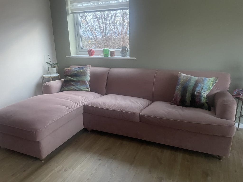Made L shape sofa bed – Dusky Pink Suede – Sofalistic | The Sofa Marketplace, buy and sell ...