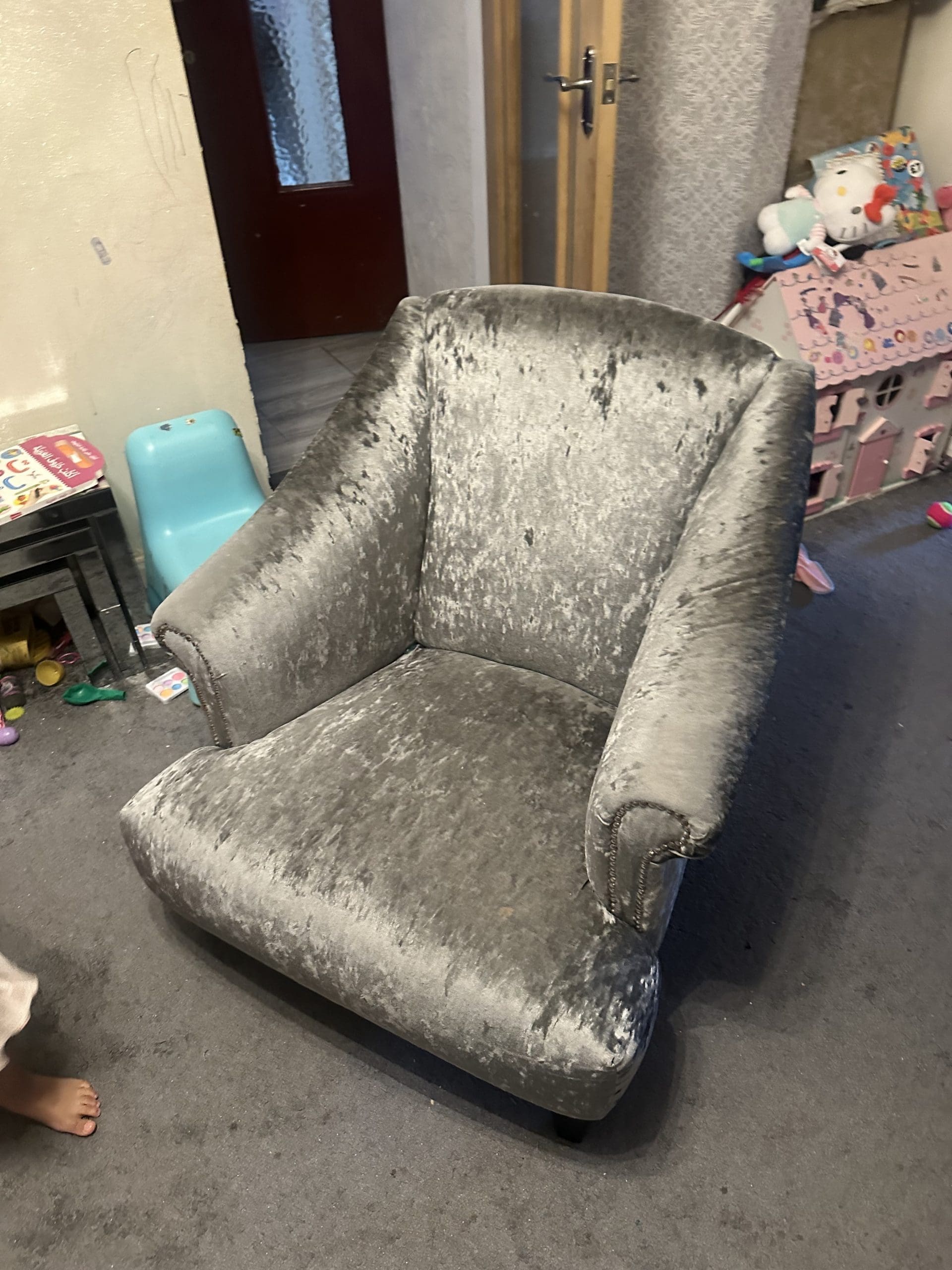Single grey velvet sofa chair from dfs Sofalistic The Sofa Marketplace buy and sell preloved sofas nationwide