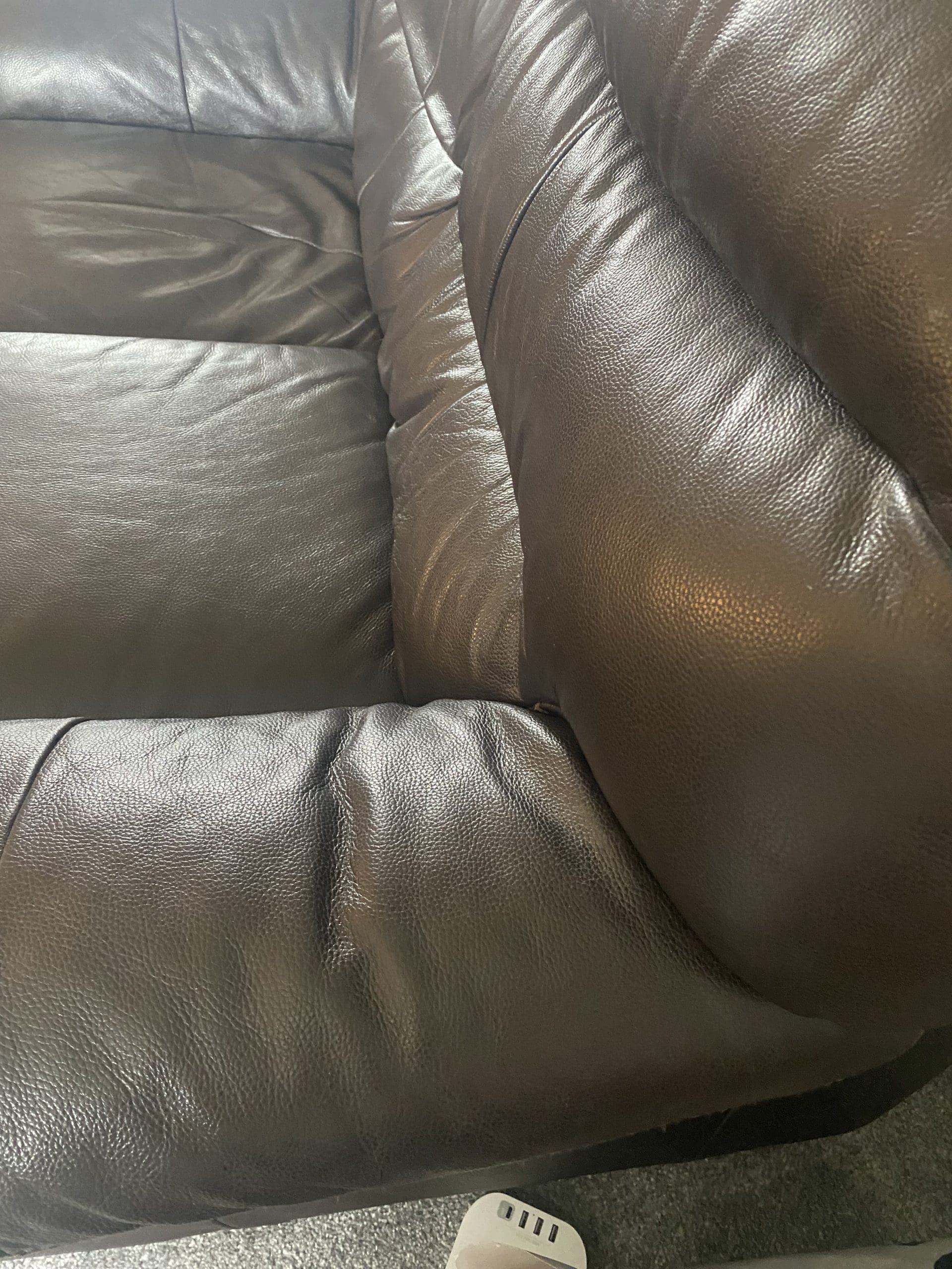 brown faux leather 3 seater & 2 seater sofas plus a square storage poof ...
