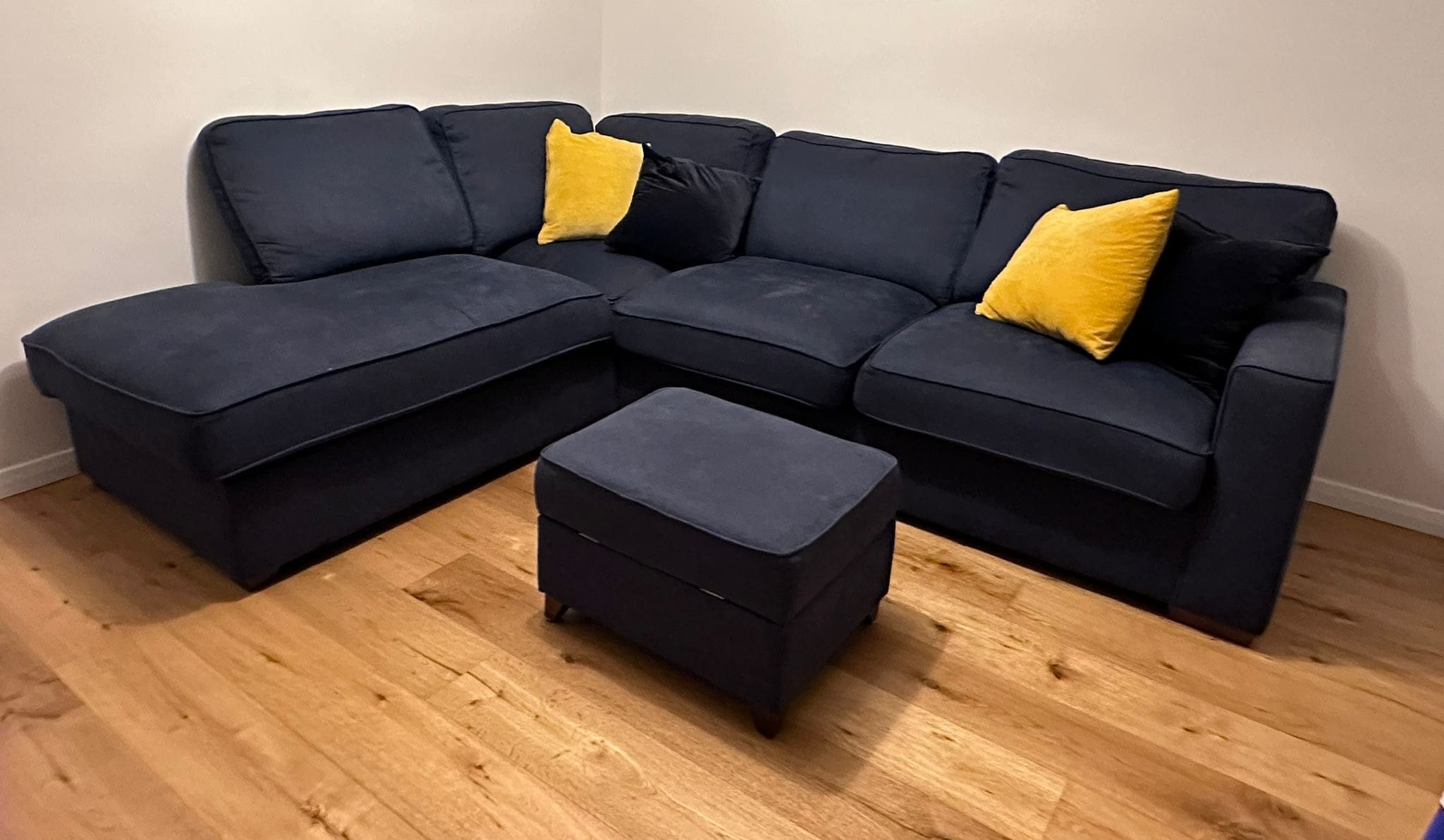 Furniture Village Cosmo Navy Corner sofa footstool with storage Sofalistic The Sofa Marketplace buy and sell preloved sofas nationwide