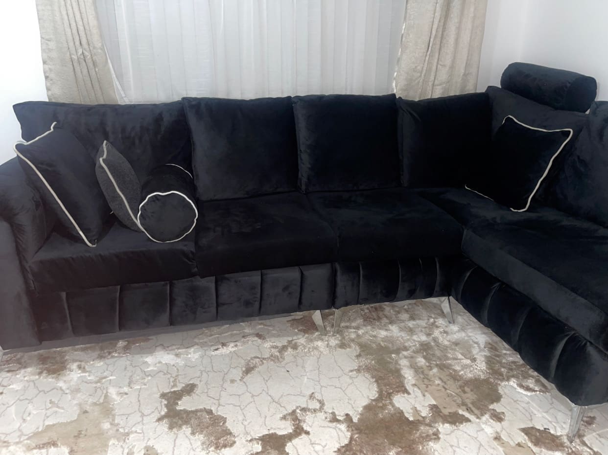 Black plush velvet L shape sofa