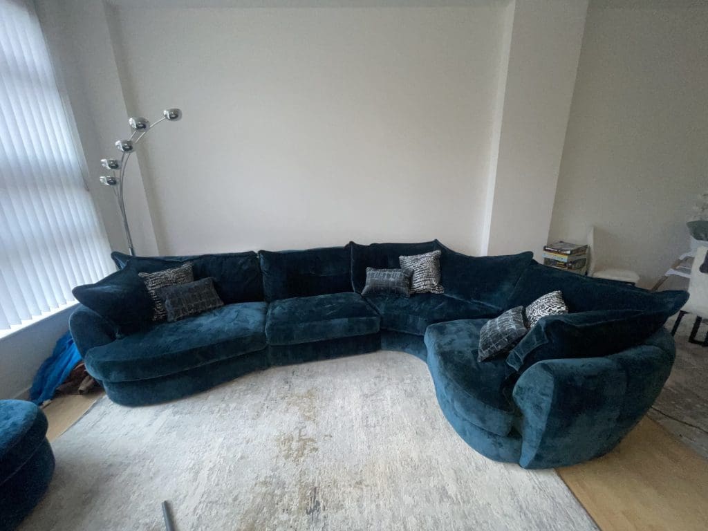 Lee longlands slumber blue velvet sofa, swivel chair and table ...
