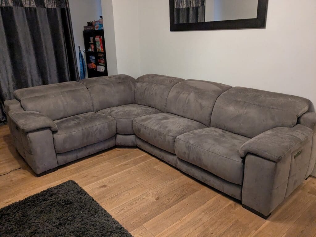 Sofology Laurence 5 seater corner sofa with double powered recliners in washed velvet charcoal ...