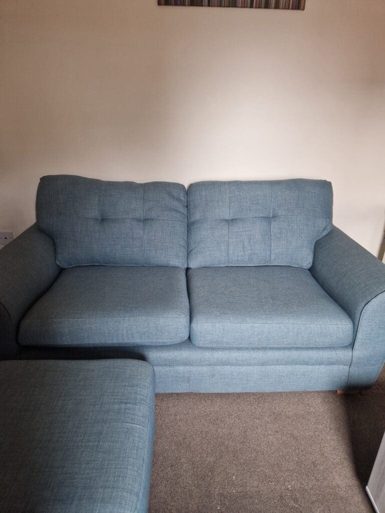 DFS Blue 2 Seater Sofas x2 and Matching Footstool – Sofalistic | The ...