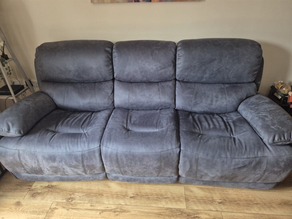 DFS grey/blue 3 seater recliner sofa – Sofalistic | The Sofa ...