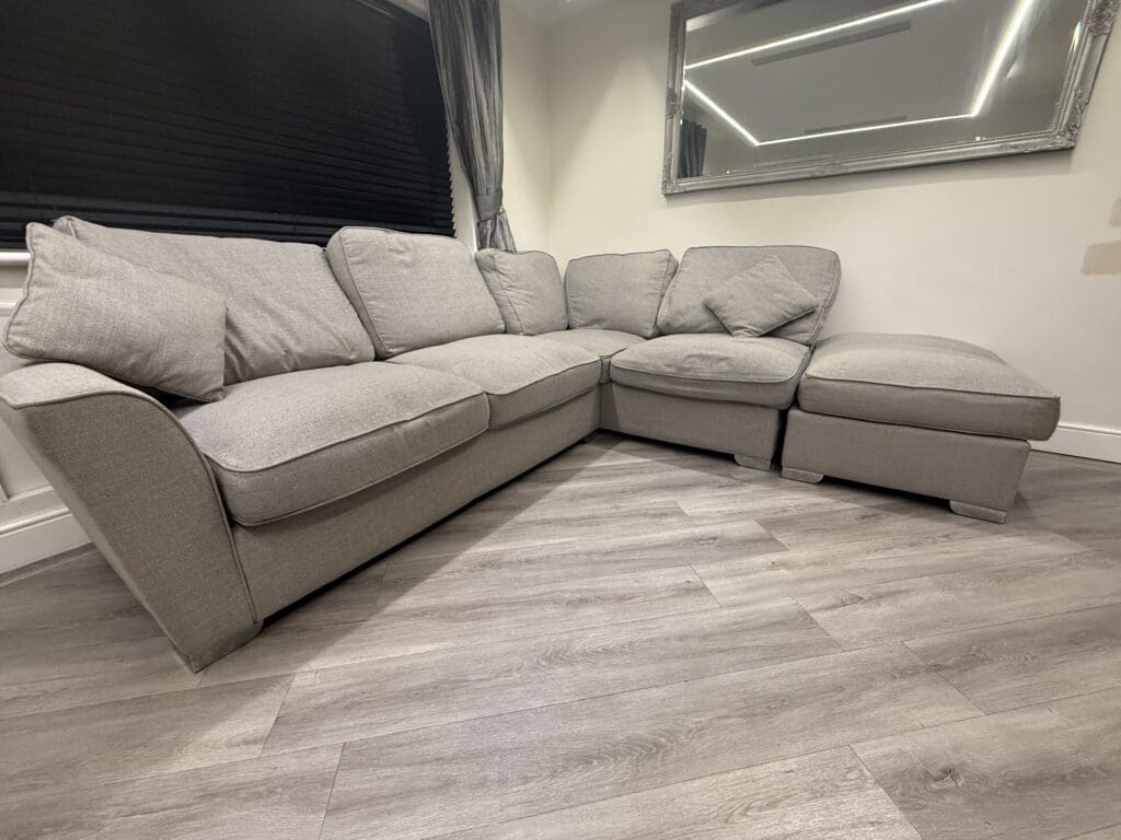 Furniture village grey corner sofa, foot stall and swivel chair ...