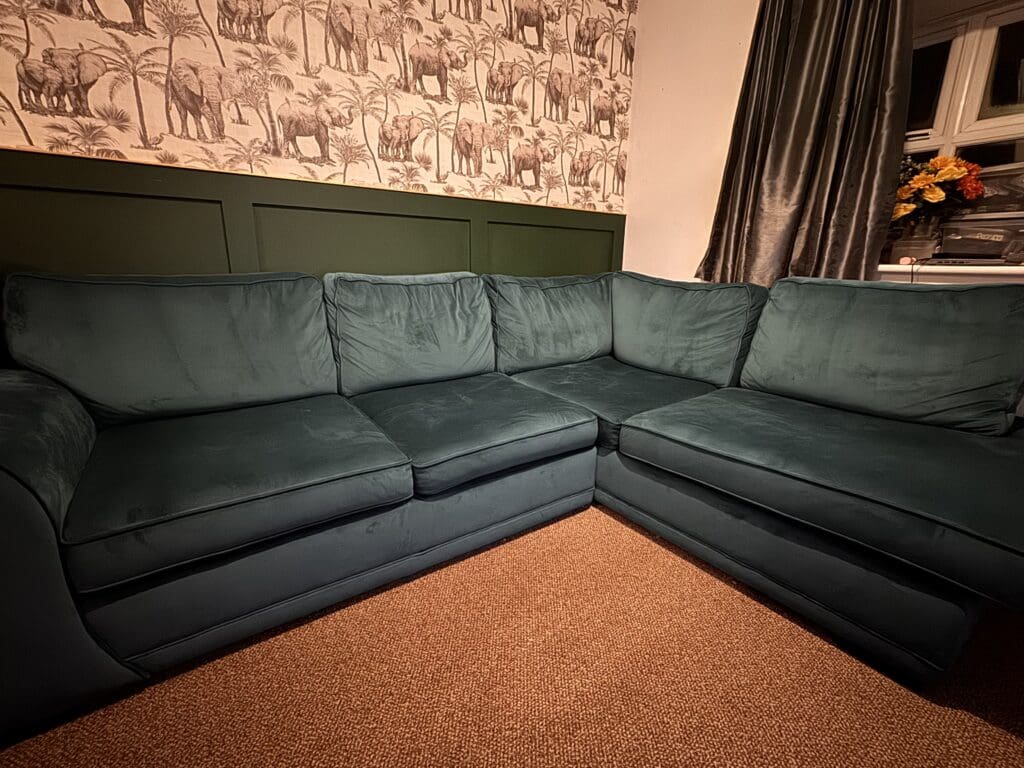 DFS “Sensual Velvet” Orka Corner Sofa in Teal – Sofalistic | The Sofa ...