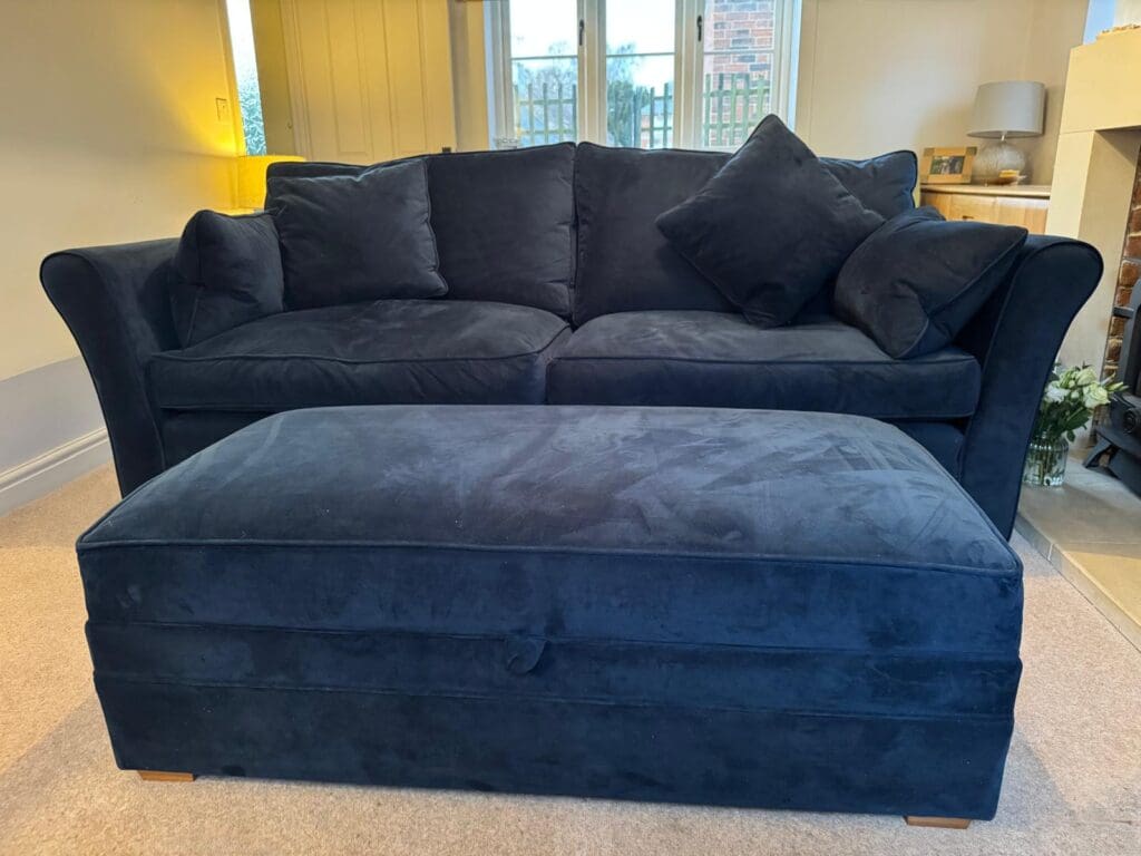 Midnight blue velvet 3 seater sofa with matching ottoman – Sofalistic ...
