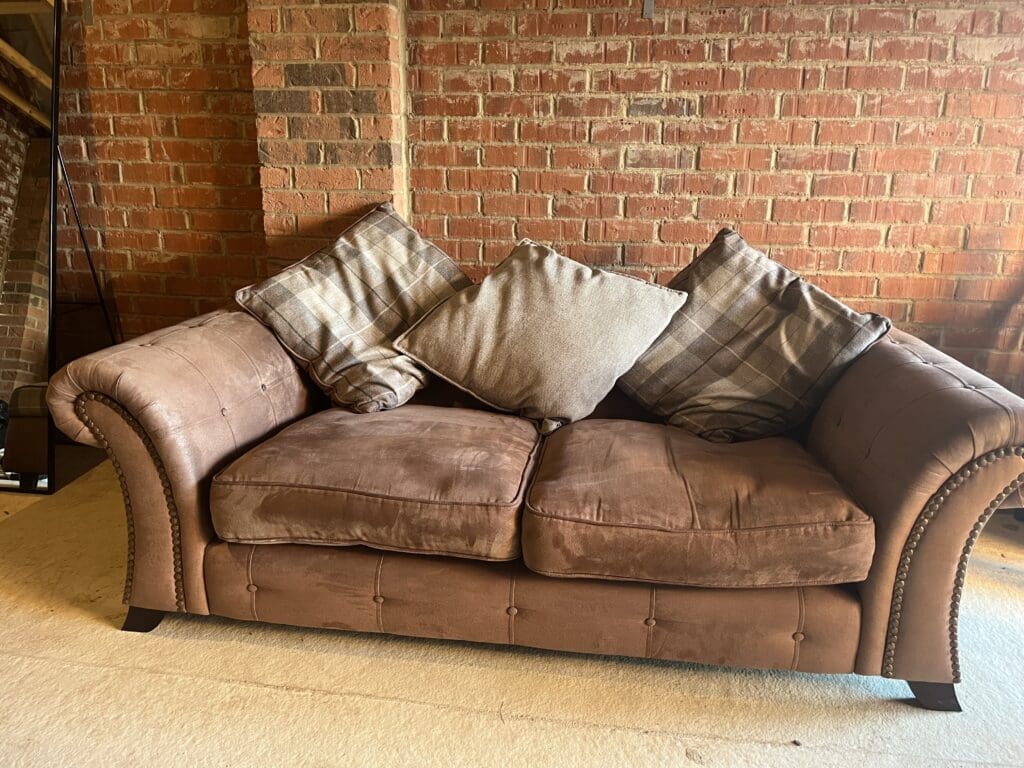 DFS brown 2 seater Pillow Back sofa with footstool – Sofalistic | The Sofa Marketplace, buy and ...