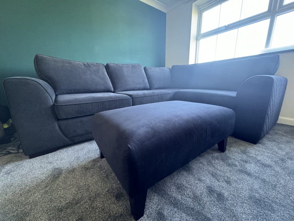 DFS BLACK ORKA CORNER SOFA WITH MATCHING FOOTSTOOL – Sofalistic | The ...