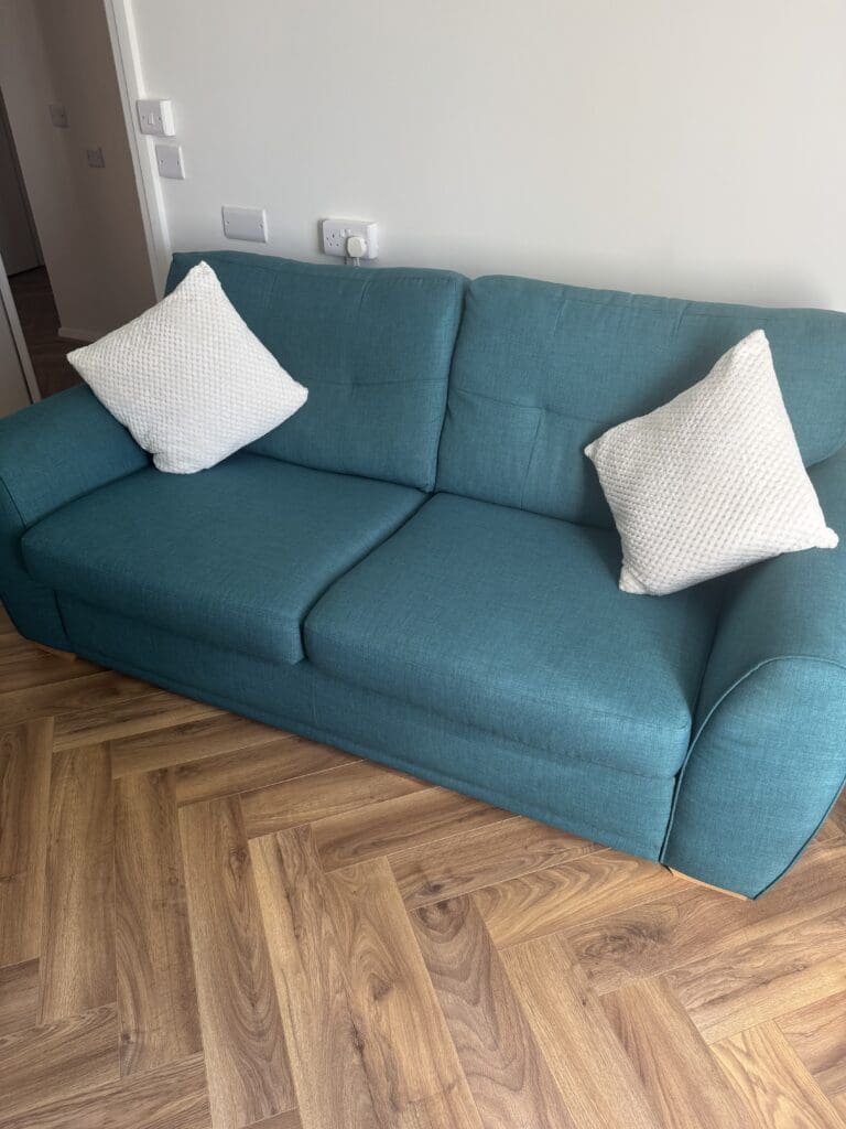 Teal sofa bed, 3 seater settee and storage footstool – Sofalistic | The ...