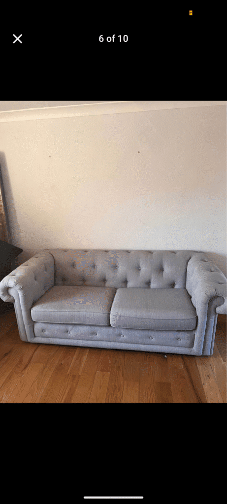 DFS Chesterfield grey sofa, cuddle chair and foot stool – Sofalistic ...