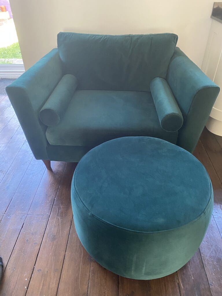 Langton’ Joules, DFS green velvet cuddle chair (large chair/small sofa ...