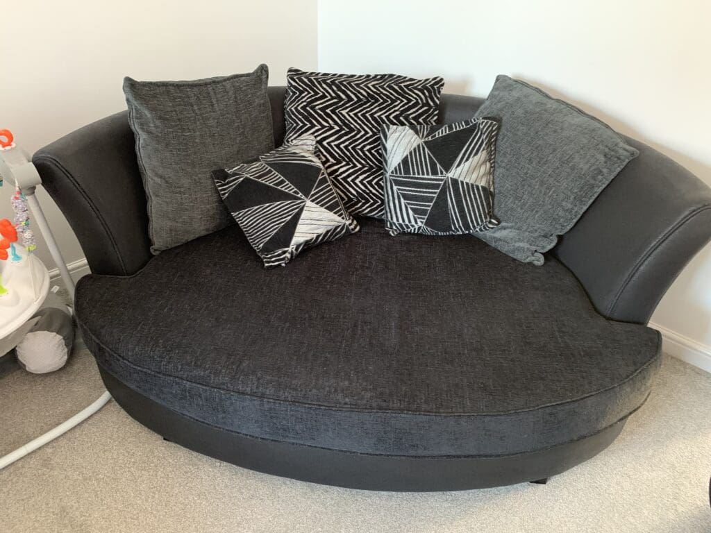 Grey and black Dfs two seater sofa + snuggle chair and foot stool ...
