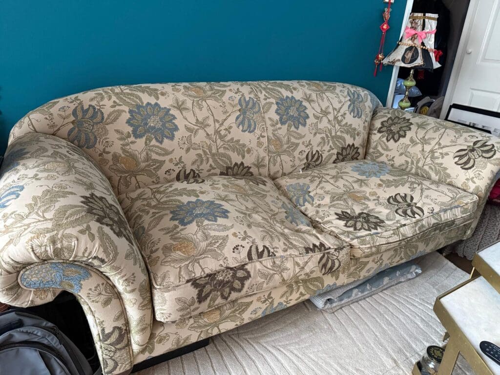 Sofa Workshop Beige Sofa with embroidered blue flowers. – Sofalistic ...