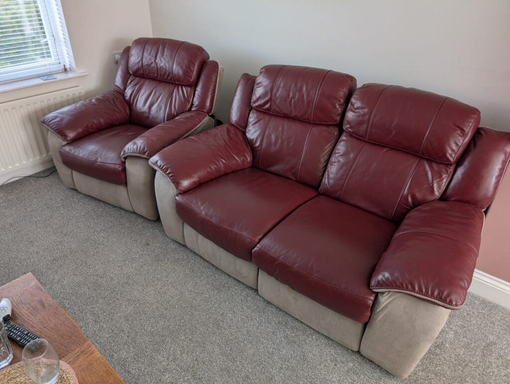 DFS Red leather/suede 2 seater sofa + chair – Sofalistic | The Sofa ...