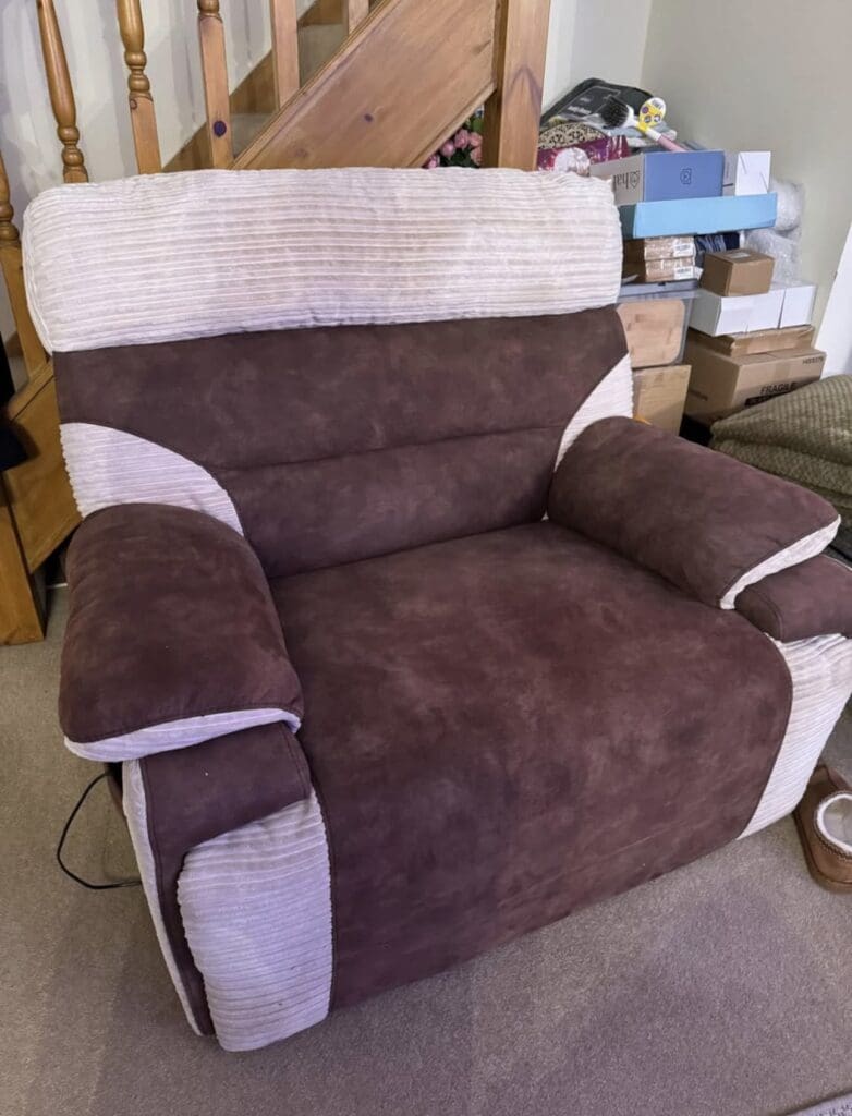 SCS electric recliner cuddle armchair,beige cord with brown fabric ...
