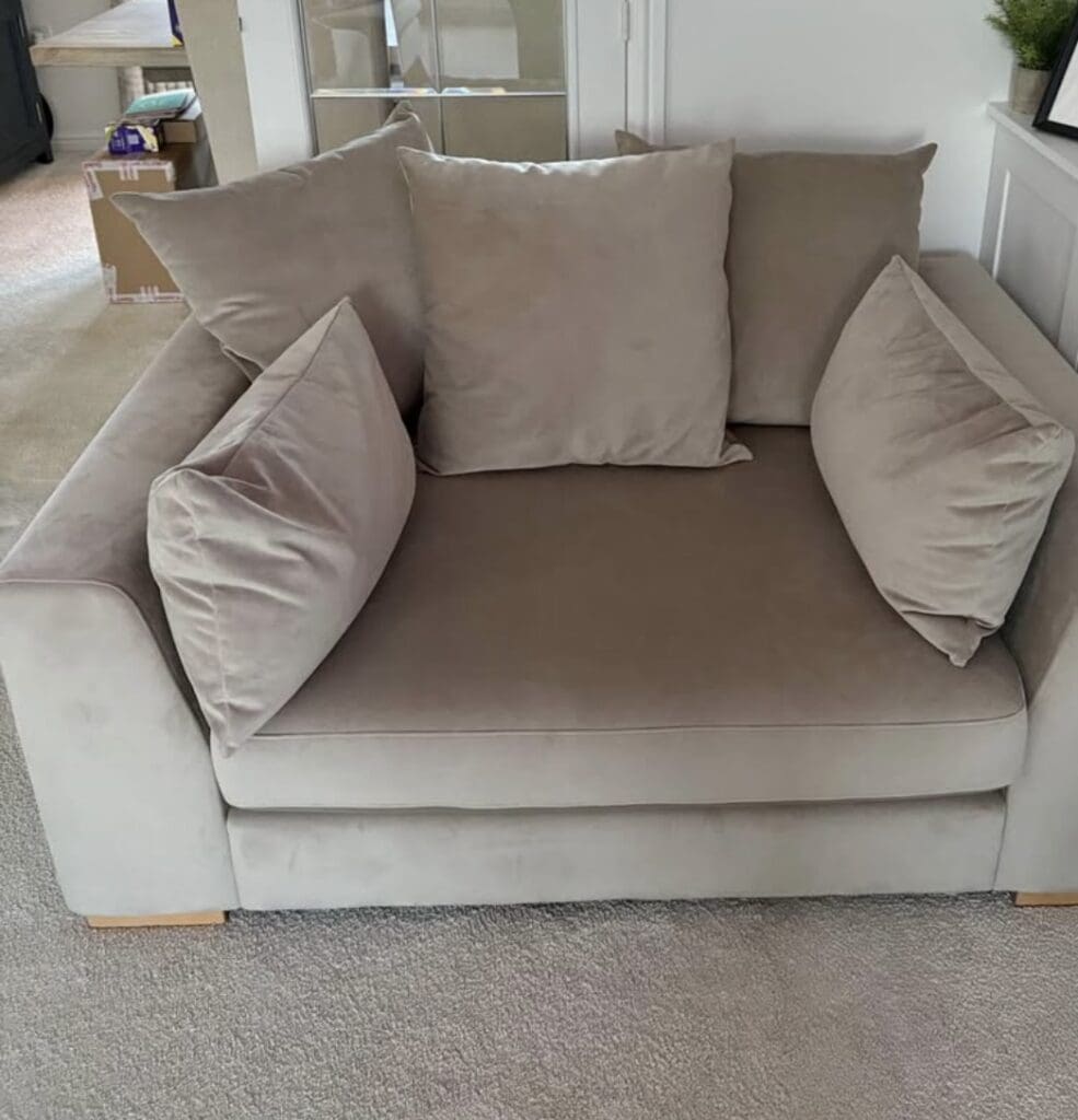 DFS Plush Range – Stone Velvet Pillow Back Cuddler Sofa – Sofalistic | The Sofa Marketplace, buy ...