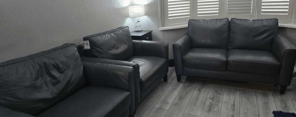 Furniture Village Navy Leather Two Seater Sofa & Two Cuddle armchairs ...