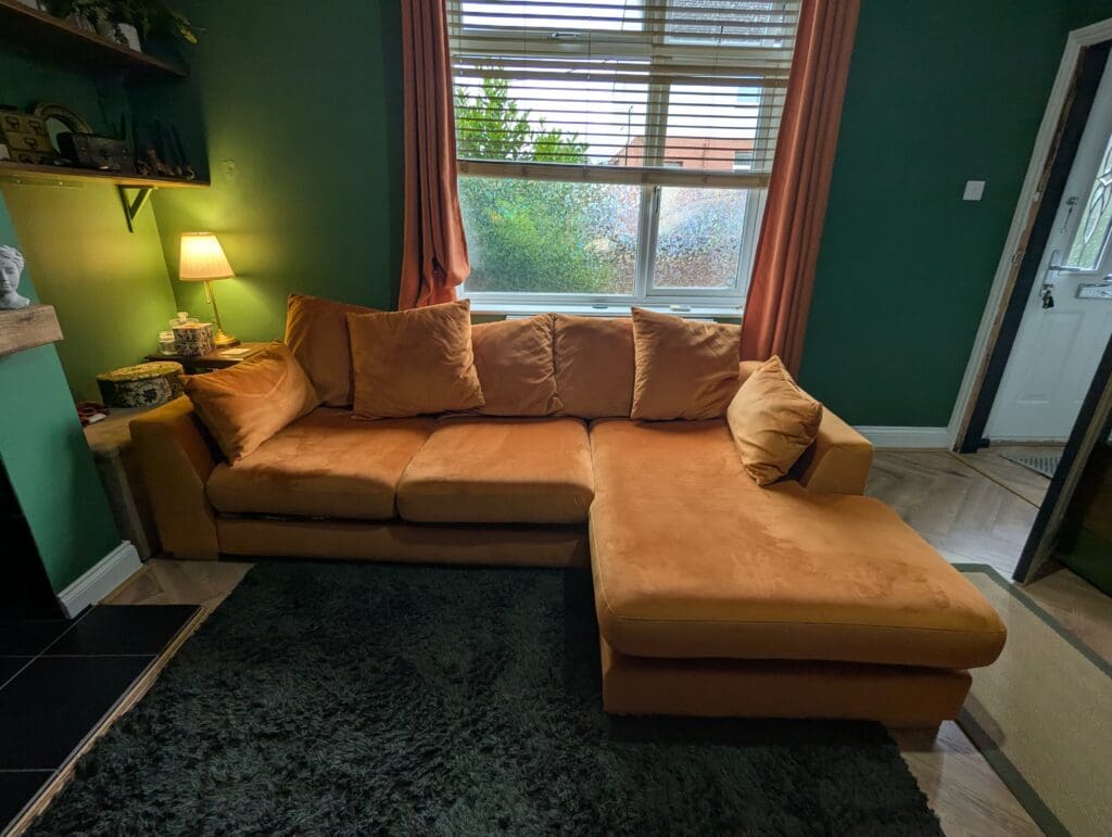 DFS Orange Plush Chaise Corner Sofa – Sofalistic | The Sofa Marketplace, buy and sell preloved ...