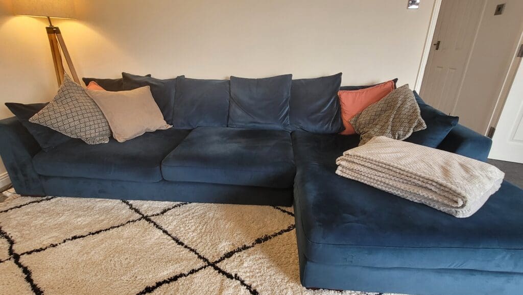DFS Blue Velvet Corner sofa, Pouffe and Love Seat – Sofalistic | The ...