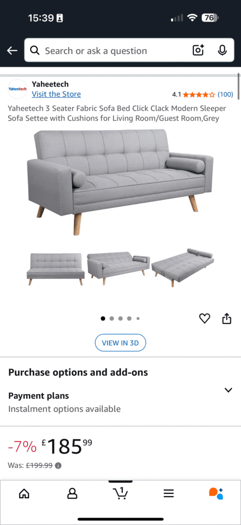 Yaheetech 3 Seater Fabric Sofa Bed Click Clack Modern Sleeper Sofa Settee with Cushions for ...