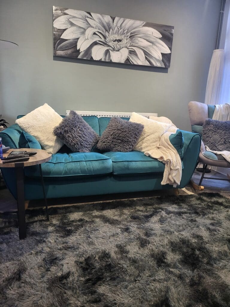 SCS Teal 3 seater sofa with cuddle chair and footstool with storage ...