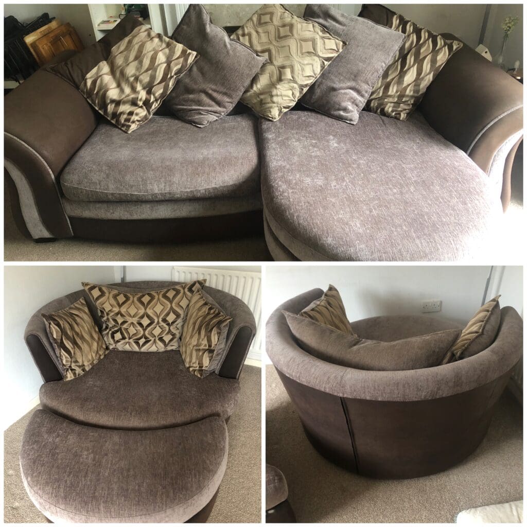 DFS Scatter Cushion Fabric Sofa and Swivel Chair set (Grey/Brown ...