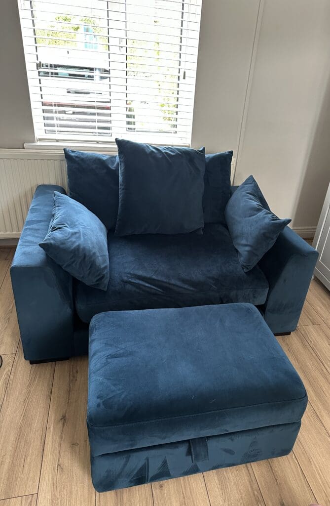 DFS Plush Blue Velvet Cuddle Chair – Sofalistic | The Sofa Marketplace ...