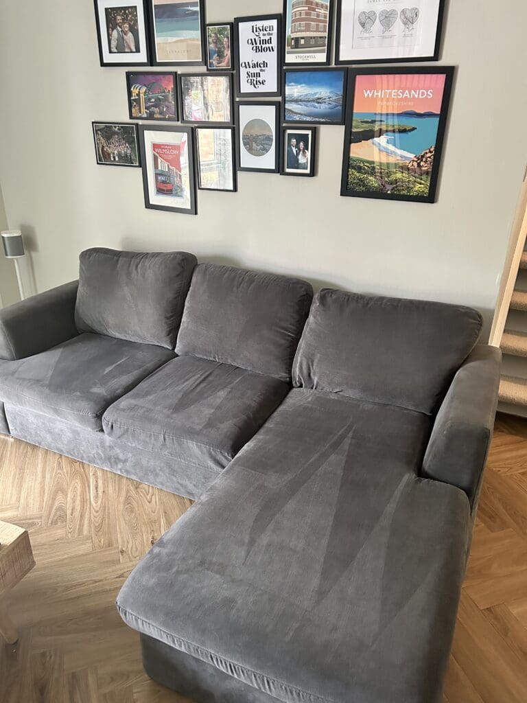 DFS Grey Large L shape sofa and cuddle chair with half moon footstool ...