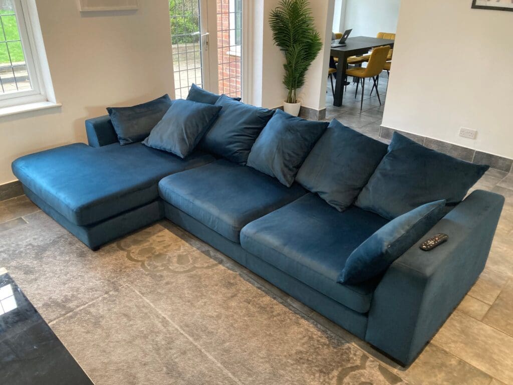 DFS Publish Velvet Large Blue L-shaped sofa Left Hand Facing – Sofalistic | The Sofa Marketplace ...